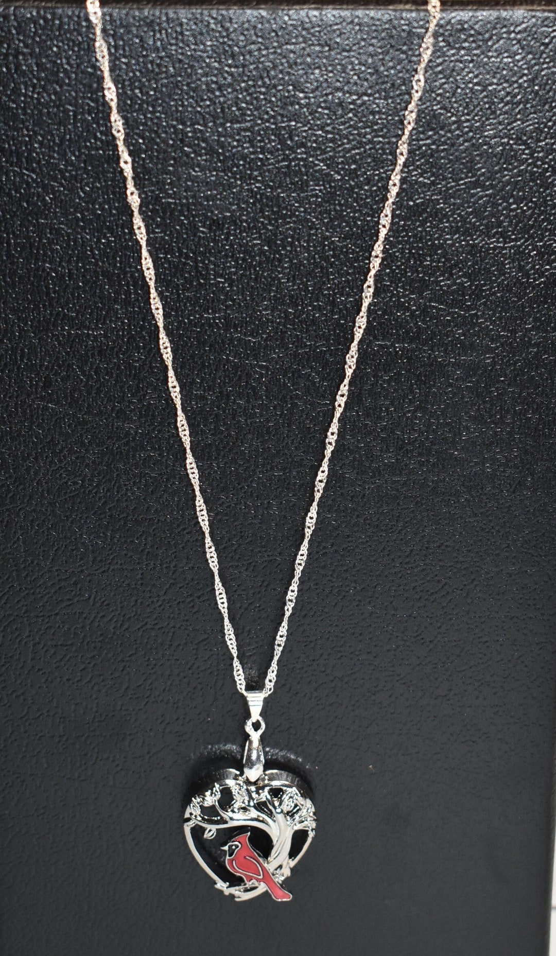 Cardinal Heart Charm Necklace - Silver - Red - Long Chain - Loved One ...