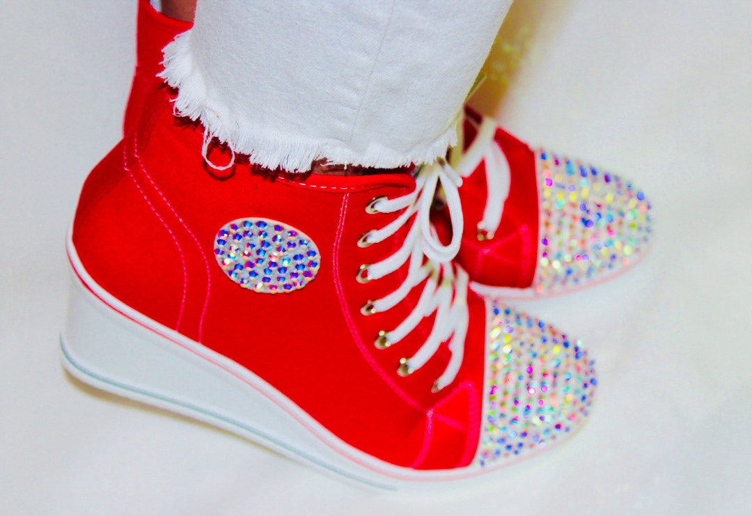 Ladies Red Canvas Wedge Bling Sneaker High Top Rhinestone Lace up and ...