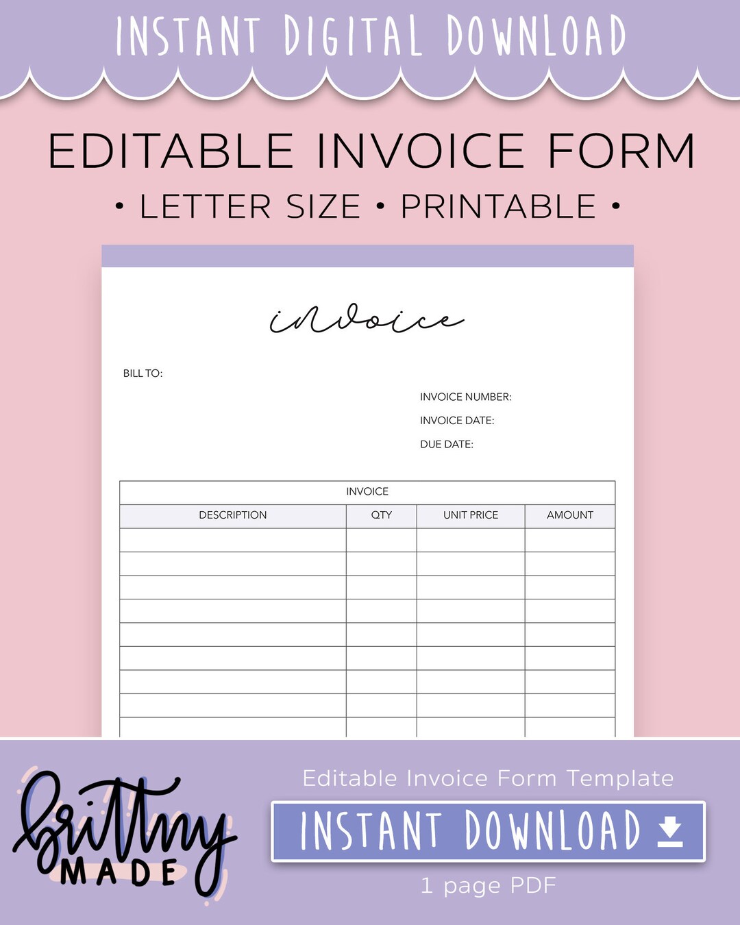 Editable Invoice Template | Business, Blogger, Freelancer Printable ...