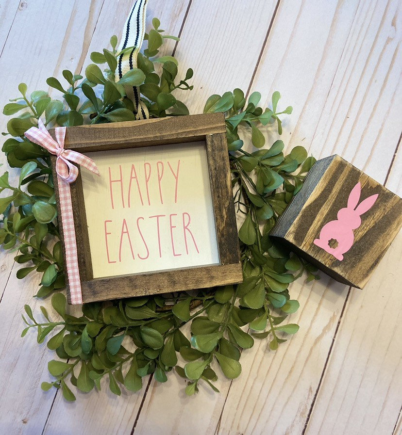 Farmhouse Happy Easter Sign Mini Bunny Pink Easter Tiered - Etsy