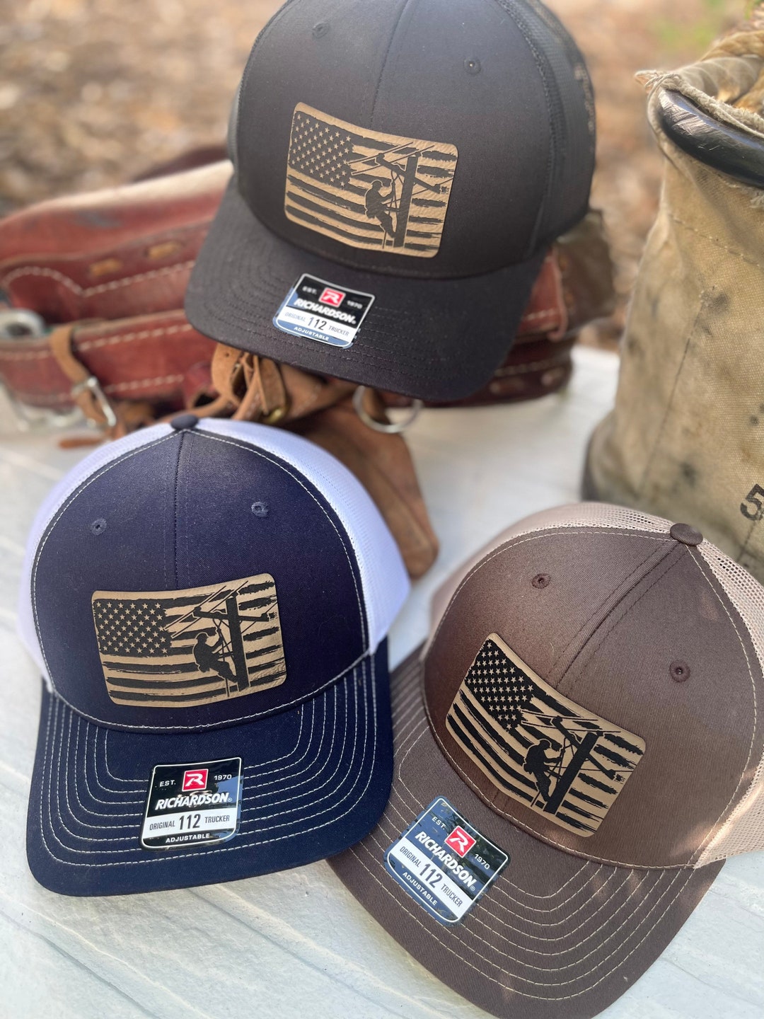 Lineman Flag Leather Patch Hat - Richardson 112 Snapback Cap - Etsy