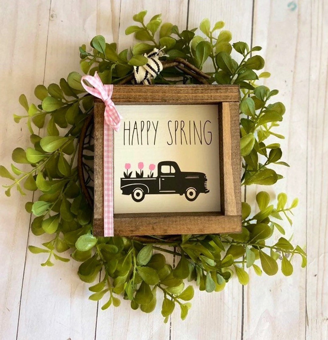 Happy Spring Farmhouse Truck Sign - Pink Vintage Truck Tiered Tray Sign ...
