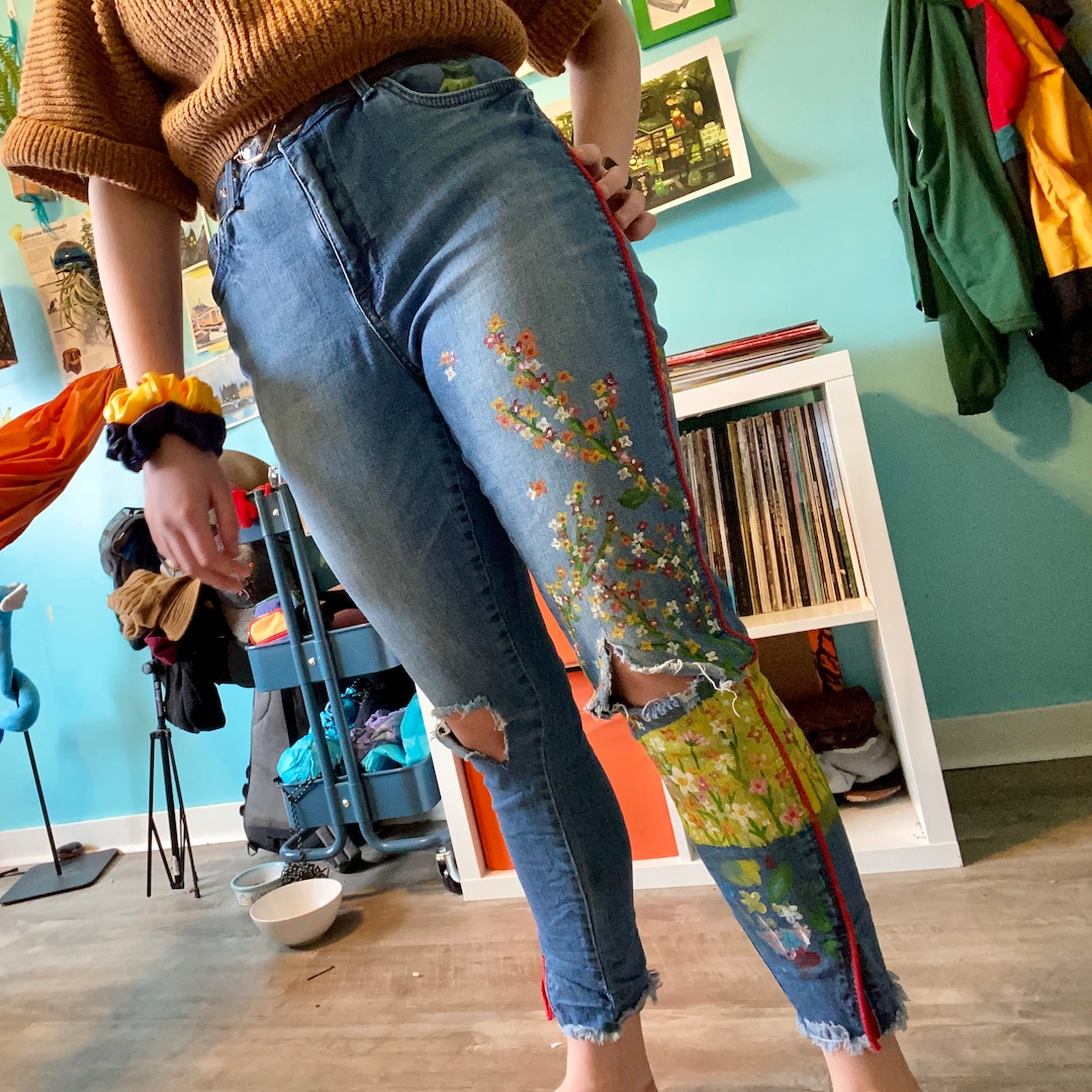 Hand Painted Flower Jeans - Etsy