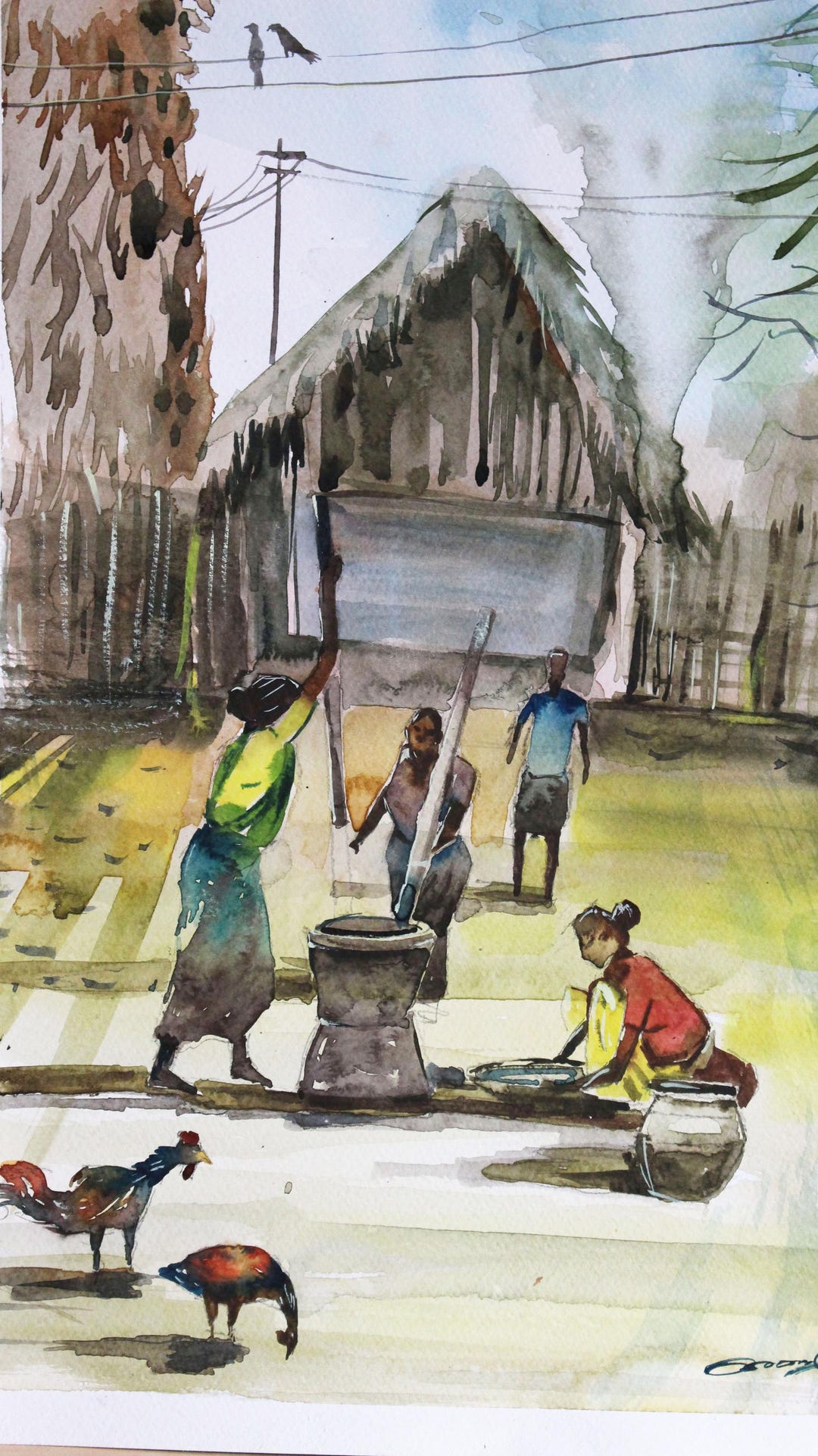 Original Traditional Grinding Watercolor, Village Women Working Art ...