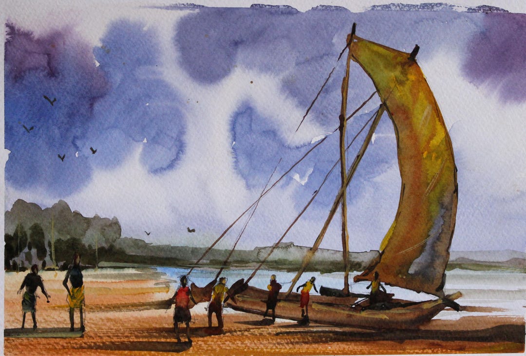 Original Watercolor Sailboat Painting, Purple Sky Beach Seascape Art - Etsy