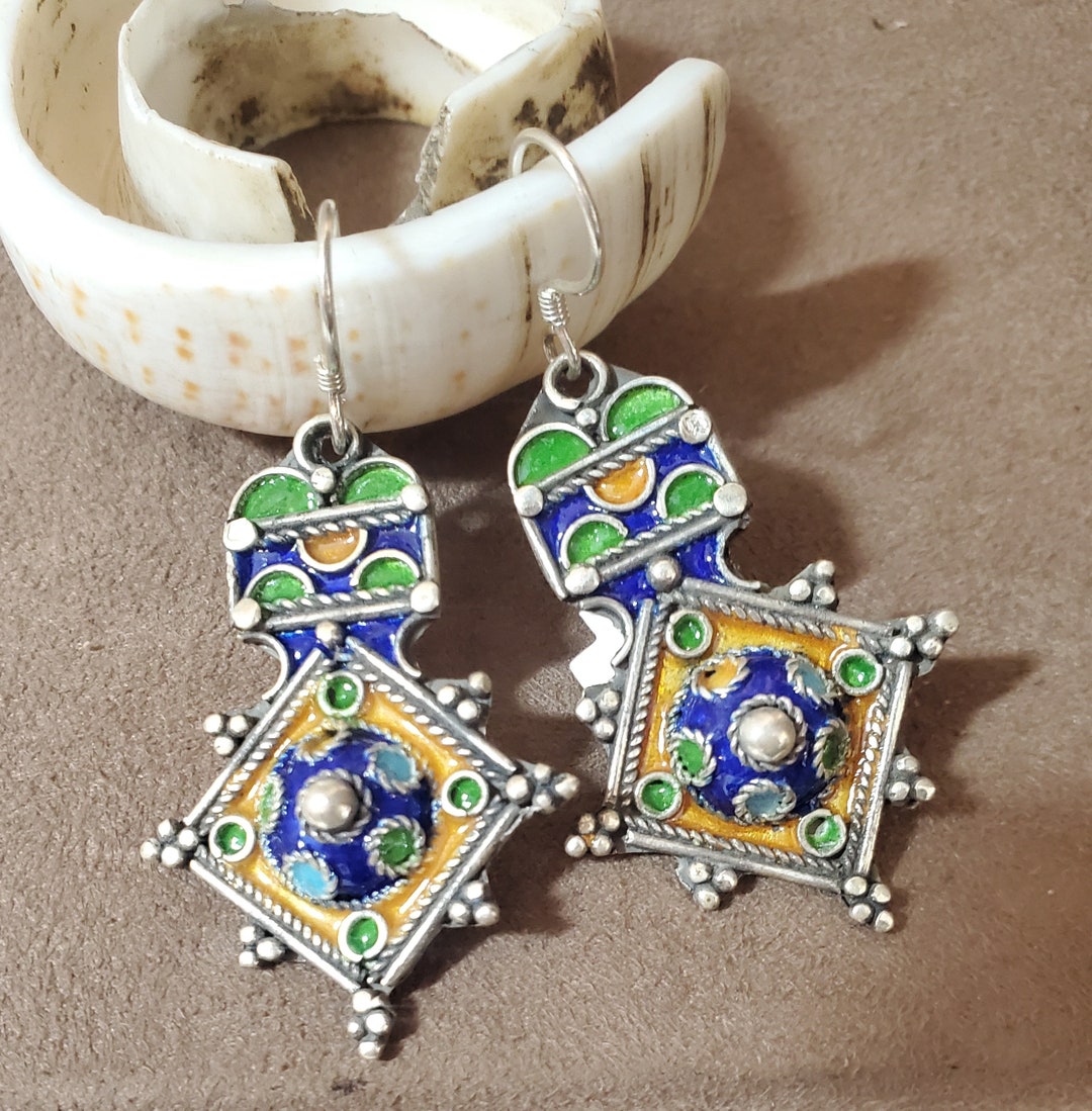 Moroccan Berber Sterling Silver Enamels Dangle Earrings, Berber Jewelry ...