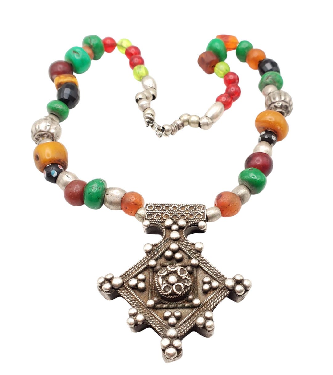 Antique Berber Silver Cross Necklace: Amber Trade Beads, Ethnic Tribal ...