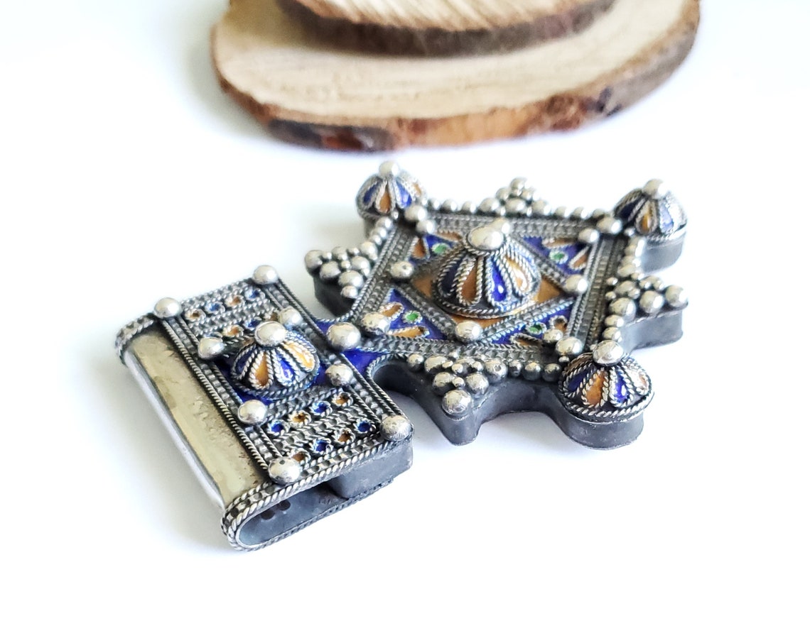 Moroccan Enamel Silver Cross Pendant: Berber Amulet Jewelry - Etsy