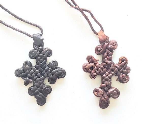10 Hand Crafte Ethiopian Leather Amulet Cross Pendant - Gem