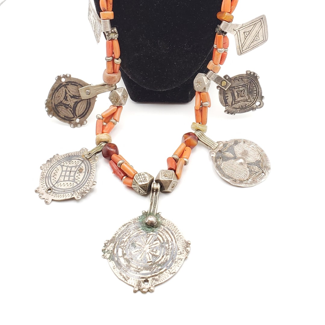 Antique Moroccan Berber Natural Coral Silver Pendants Necklace,berber ...