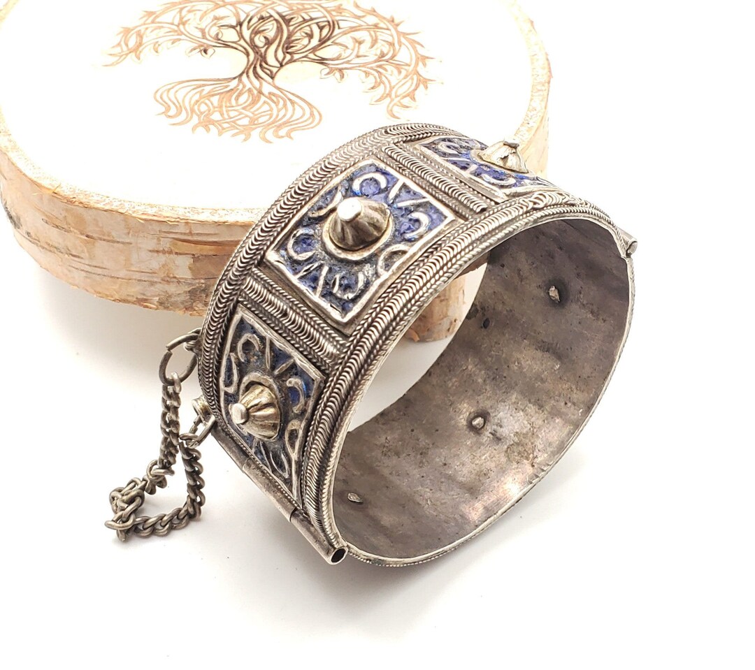 Antique Silver Moroccan Berber Blue Enamel Bracelet, Ethnic Tribal ...