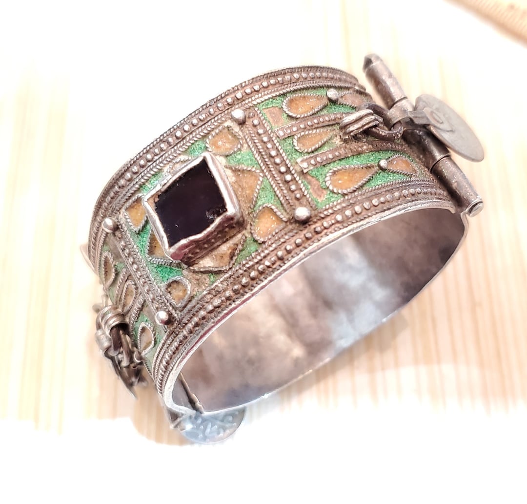 Antique Silver Moroccan Berber Enamel Glass Bracelet , Ethnic Tribal ...
