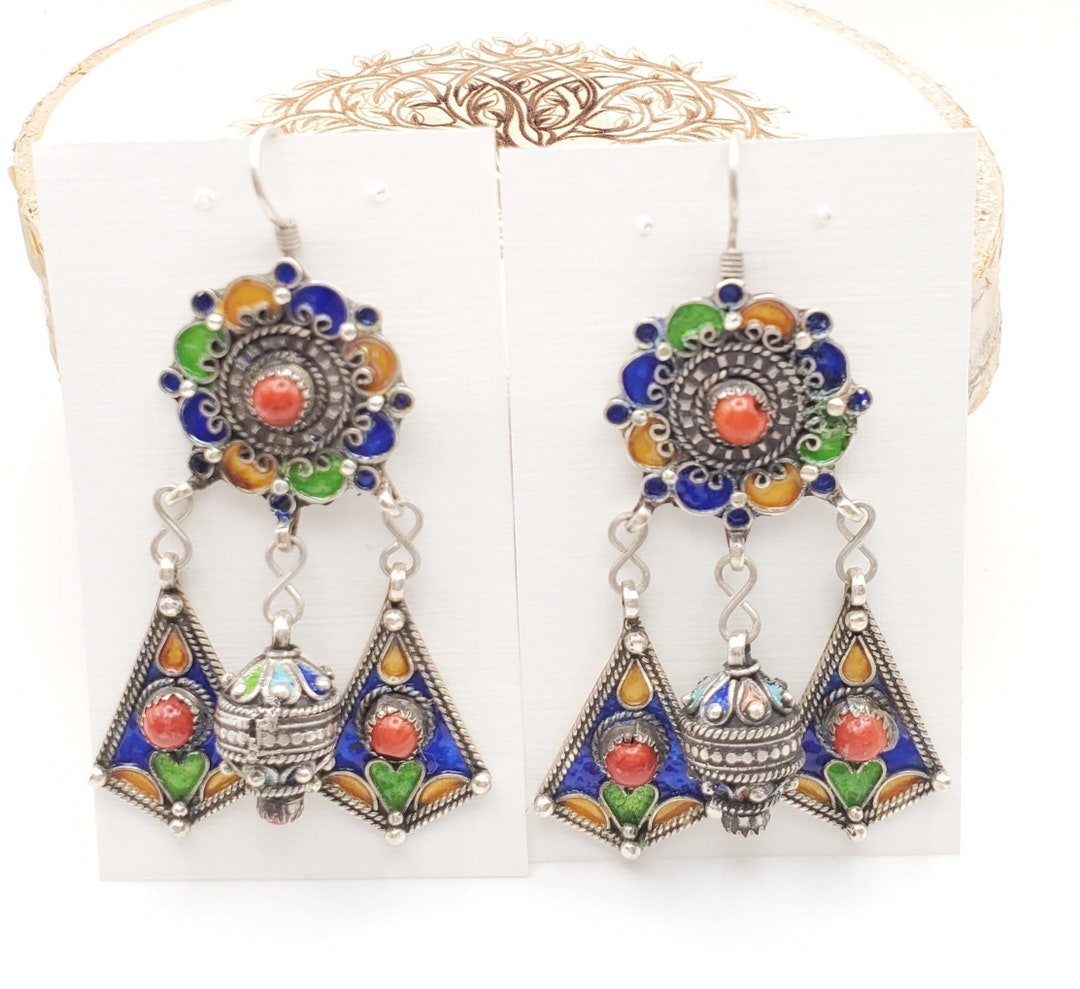 Moroccan Berber Sterling Silver Coral Enamel Dangle Earrings - Etsy