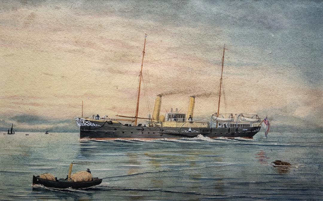 Wonderful Early 1900s Steam Ship at Sea Watercolour Painting by C.J ...