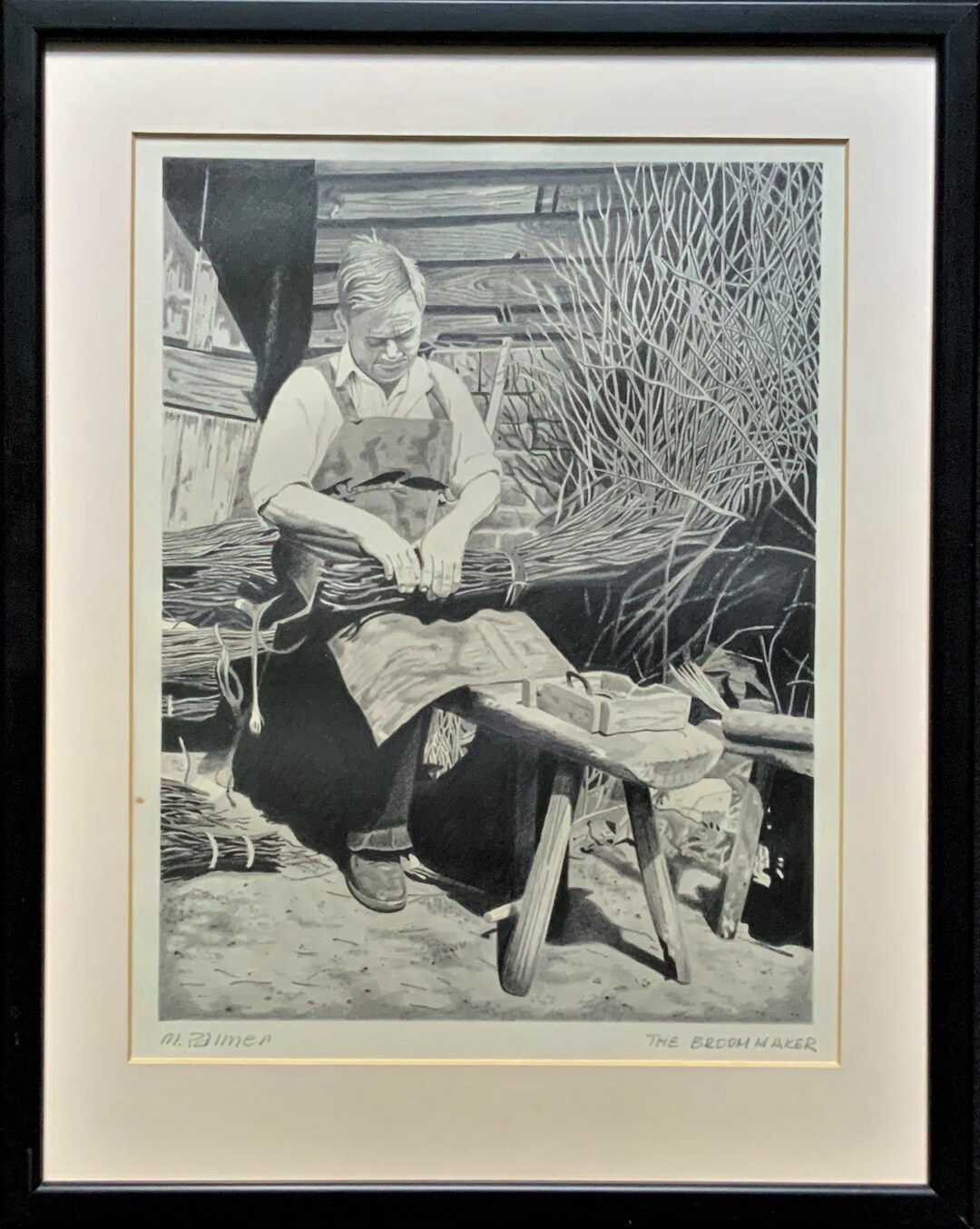 The Broom Maker - Beautiful 20thc Vintage Antique Portrait Pencil ...