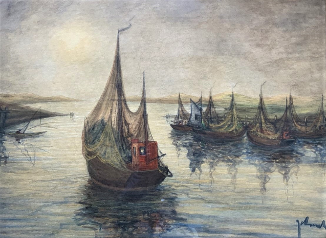 Superb Large Antique Fishing Boats Seascape Watercolour & Gouache ...