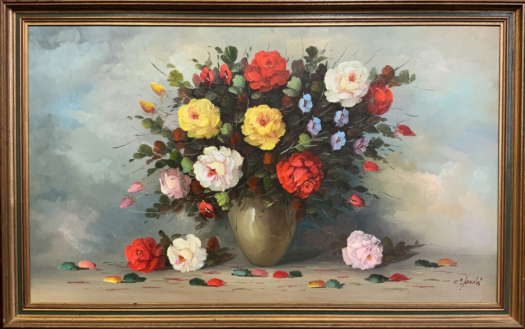 Large Exceptional Bouquet of Roses Floral Still Life Study Oil Painting ...