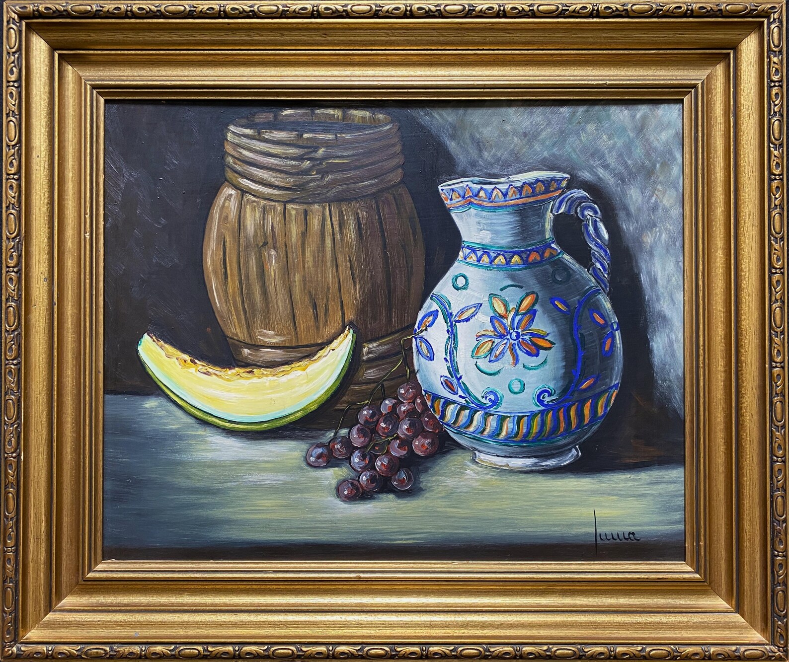 Large Mid-century European Fruit & Jug Still Life Study Oil on Board ...