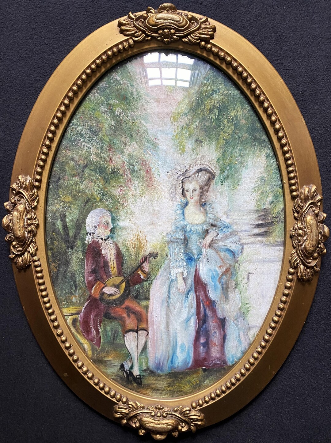 19th-century Canadian School Oval Oil Portrait Painting of a Serenading ...