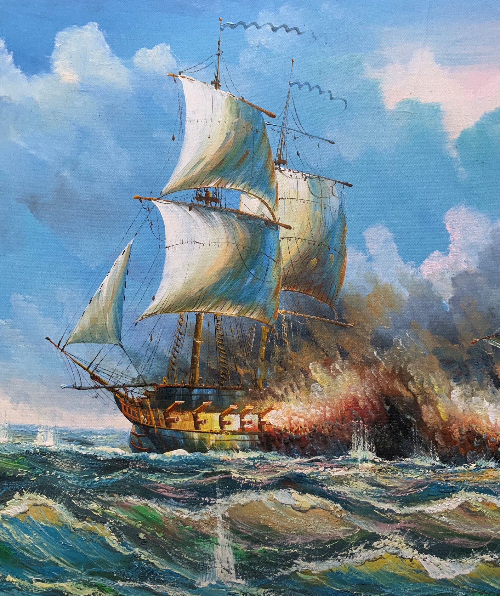 An 18th Century Maritime Naval Battle - Large Contemporary Seascape Oil ...