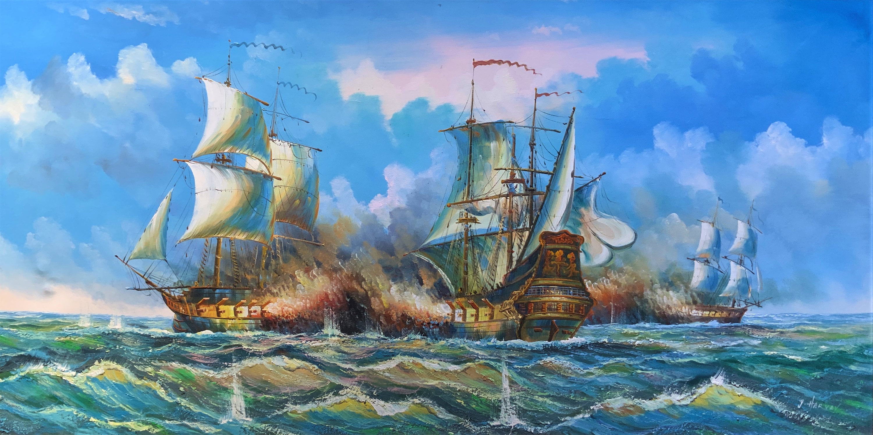 An 18th Century Maritime Naval Battle - Large Contemporary Seascape Oil ...