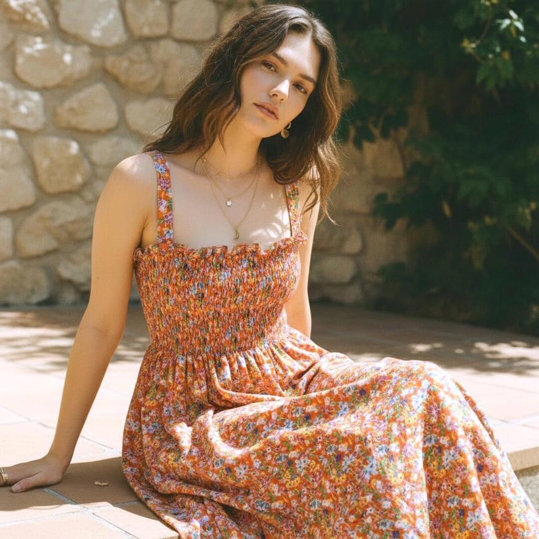 Liberty London Cotton Midi Sun Dress, Shirred Floral Smock, Summer ...