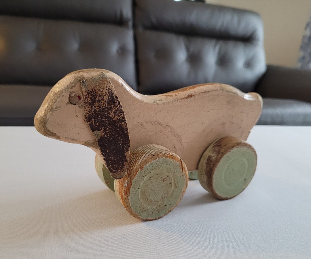 Vintage Child's Pull Toy Wooden Bunny Rabbit W/leather Ears Primitive ...