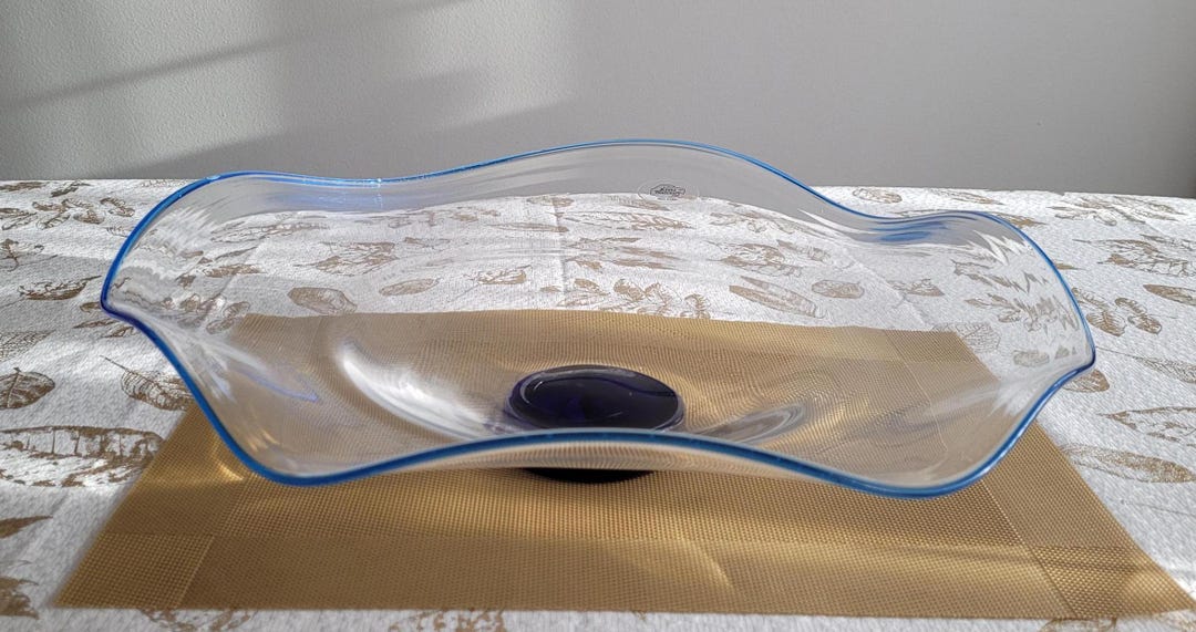 Blenko Glass 17-1/2" Console Bowl ~ Cobalt Blue Bottom, Acid-etched ...
