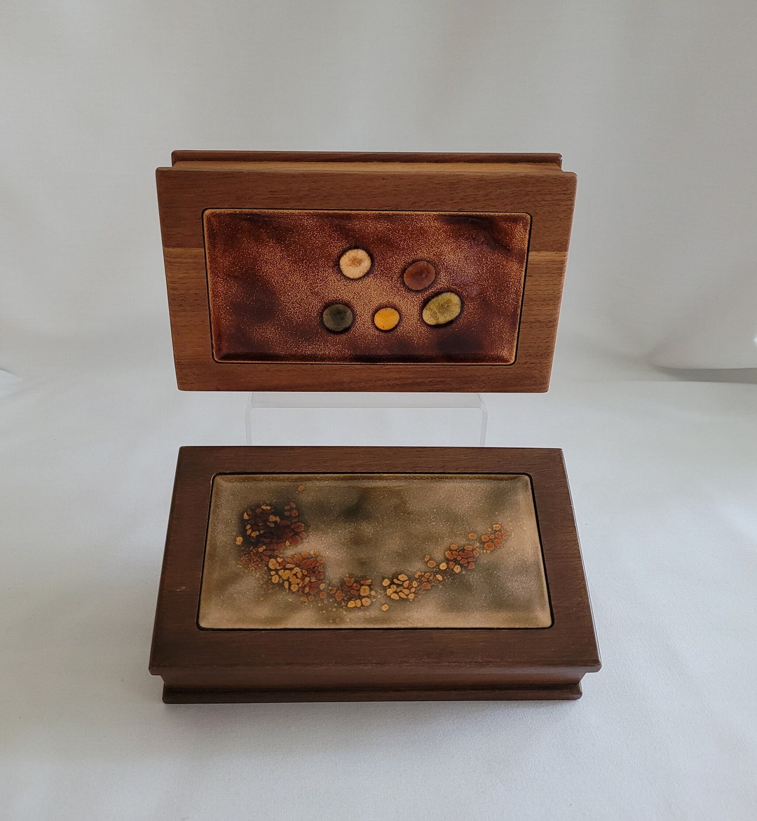 Bovano of Cheshire Enamel on Copper Solid Walnut Divided Trinket Boxes ...