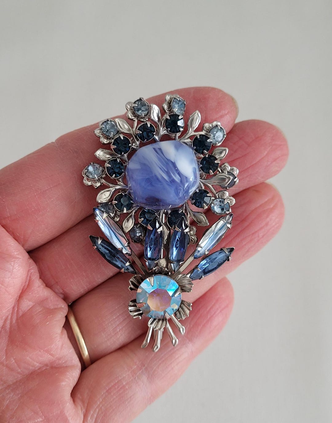 Vintage Blue Flower Brooch Silver-tone Mounting ~ Unmarked, Prong-set ...