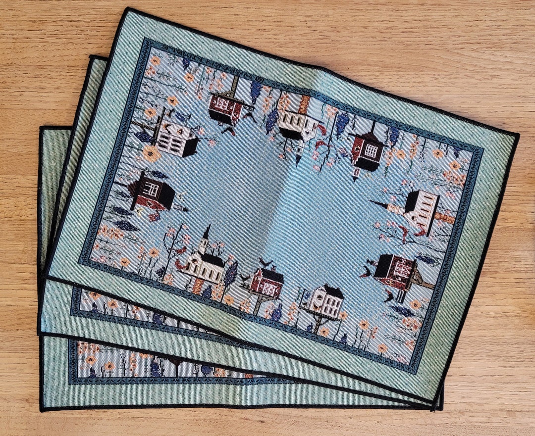 SET of 3 New Placemats: Warren Kimble BIRDHOUSES tapestry-like Fabric ...