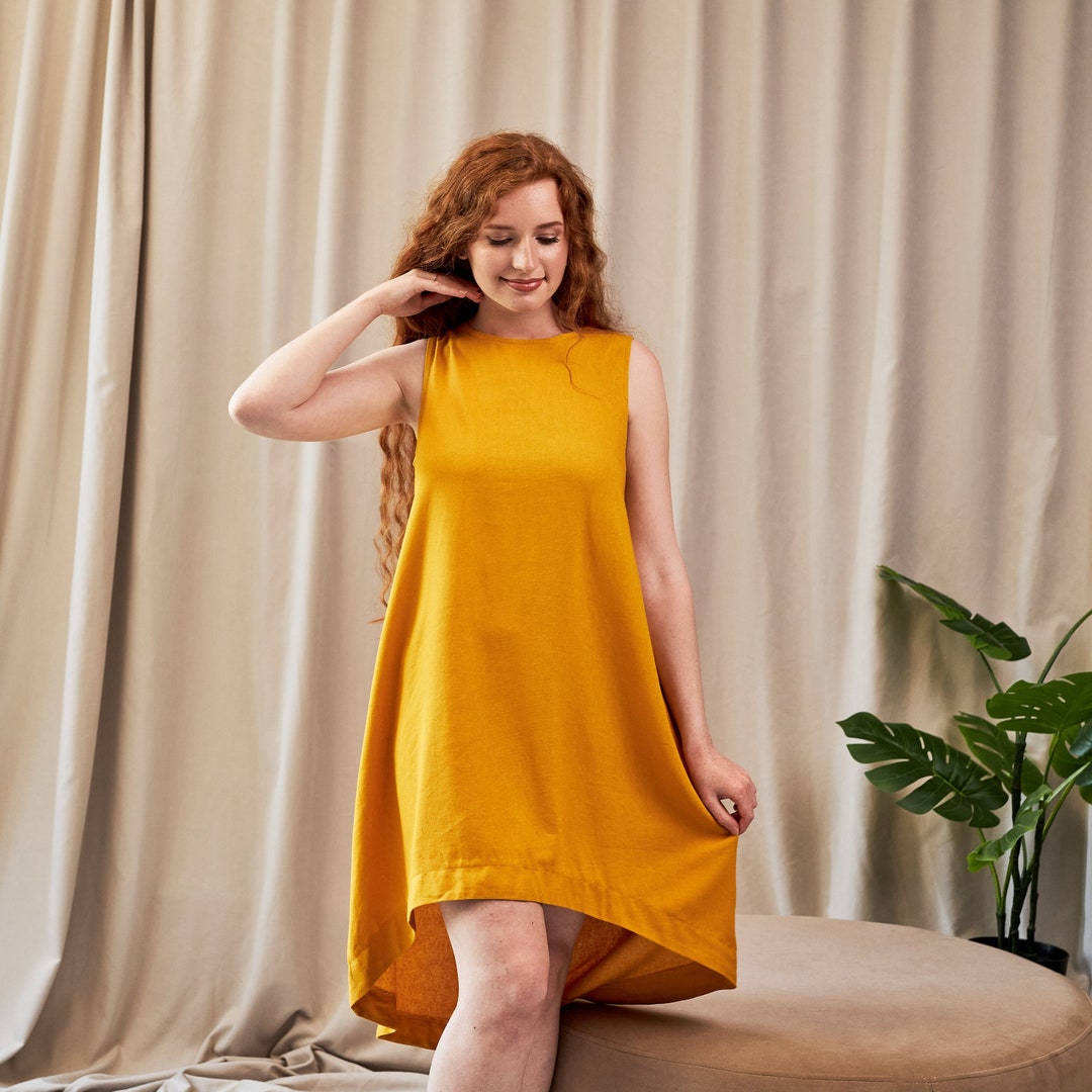 Linen Tank Dress Pure Linen Dress Yellow Sundress Oversized Linen
