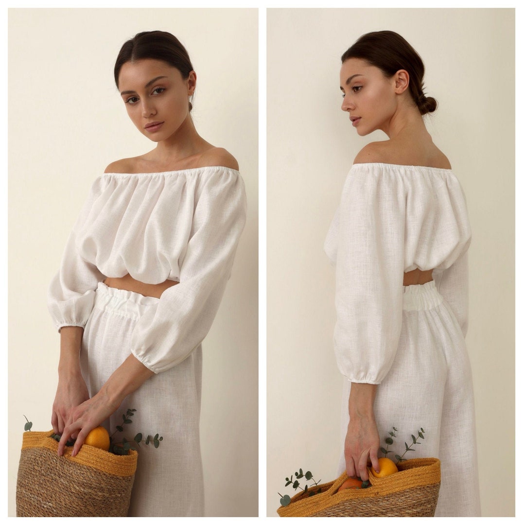 Linen Set Outfit, Linen Crop Tops for Women, Linen Pants Wide Leg ...