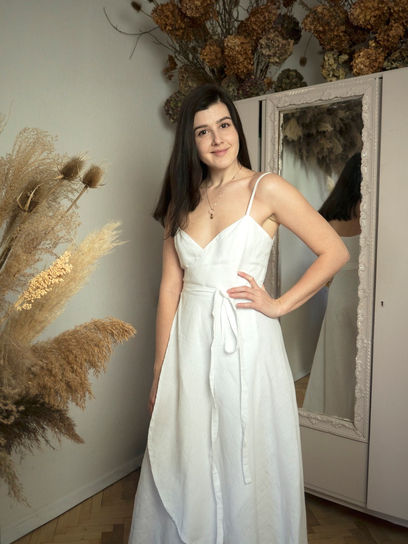 Linen White Wrap Dress Linen Sundress Asymmetrical Summer - Etsy