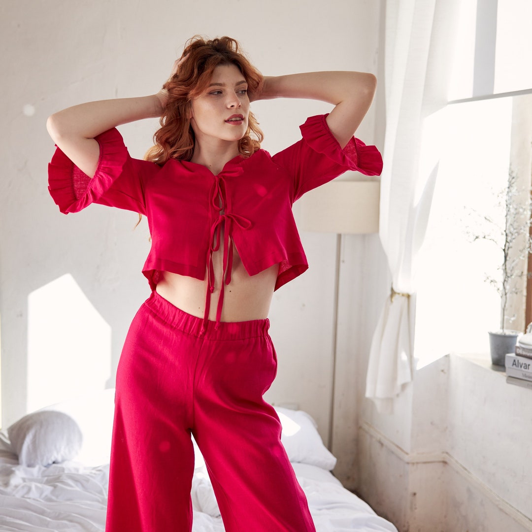 Crop Top and Pant Set, Red Linen Top, Red Linen Pants, Linen Pajama Set ...