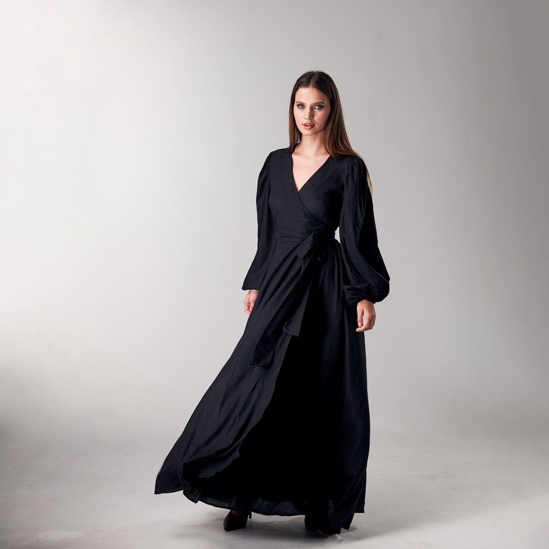 Black Bohemian Dress, Wide Sleeve Dress, Long Black Dress Long Sleeve ...