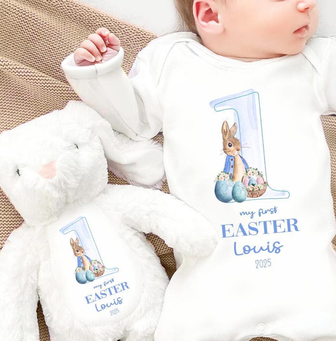 Personalised My First Easter Teddy Baby Grow Gift Set for Baby Boy 1st ...