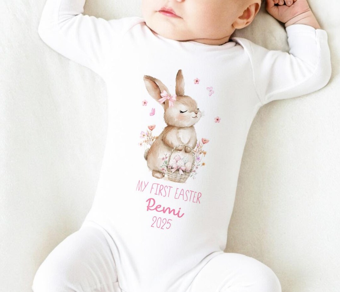 1st Easter Custom Sleepsuit With Cute Easter Bunny in White & Pink ...