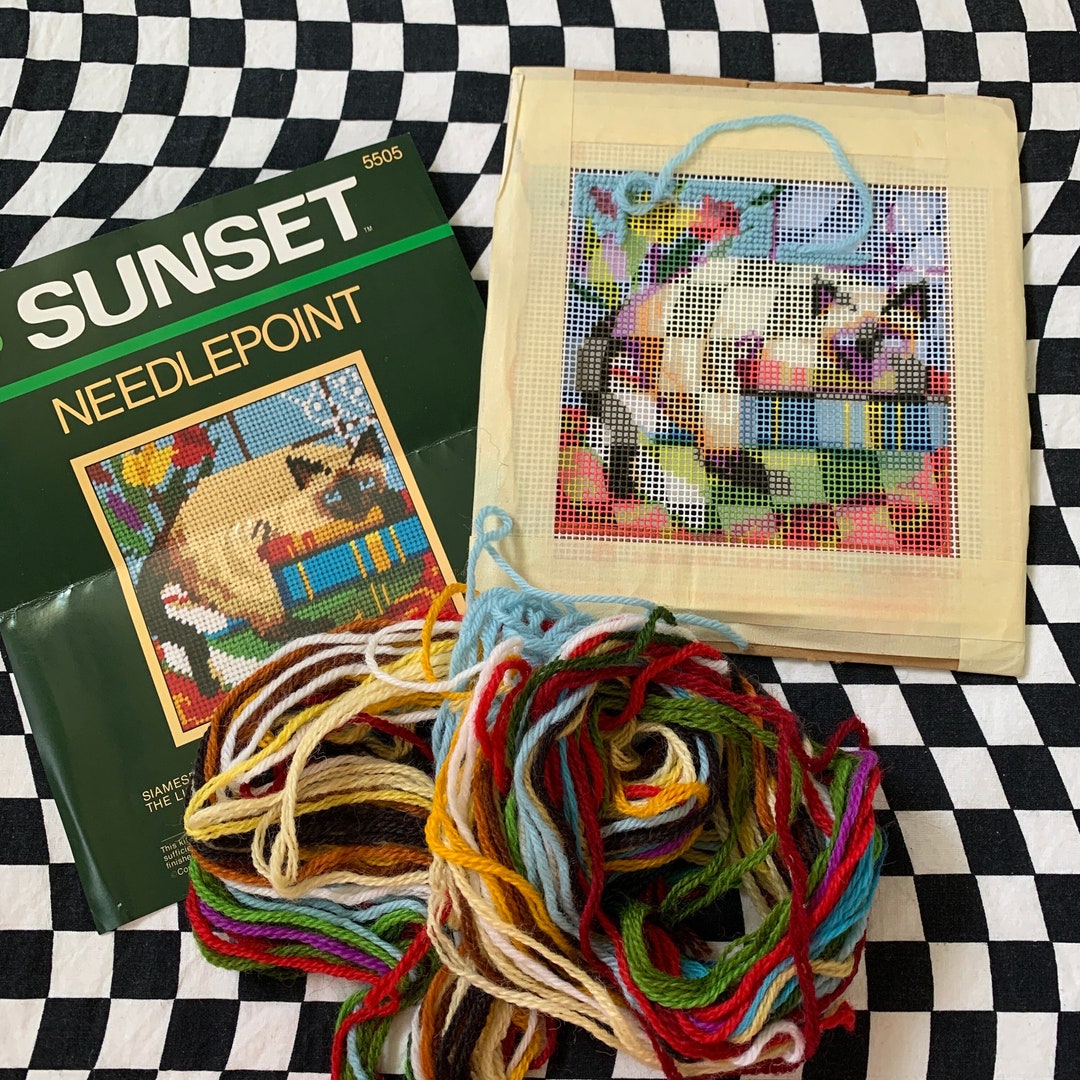 Vintage Sunset Needlepoint Siamese in the Library 5" by 5" Cat ...