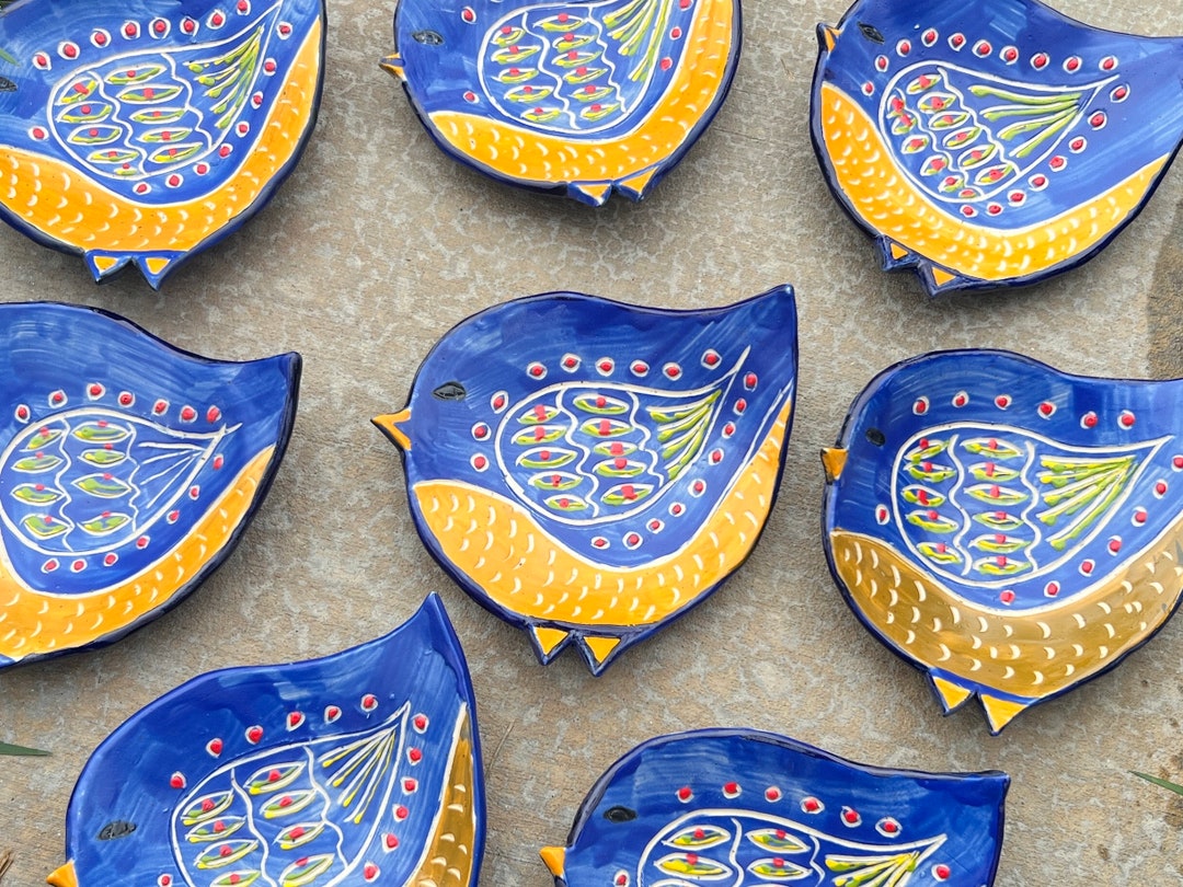 Ceramic Bird Dishes Handmade and Painted in Blue and Orange - Etsy