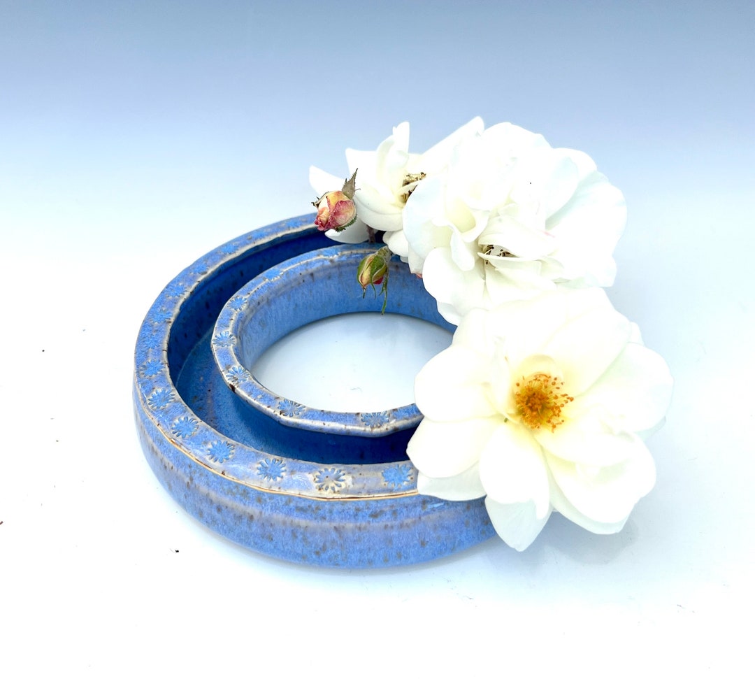 Handmade Ceramic Plumeria Flower Round Vase in Castile Blue With Gold ...