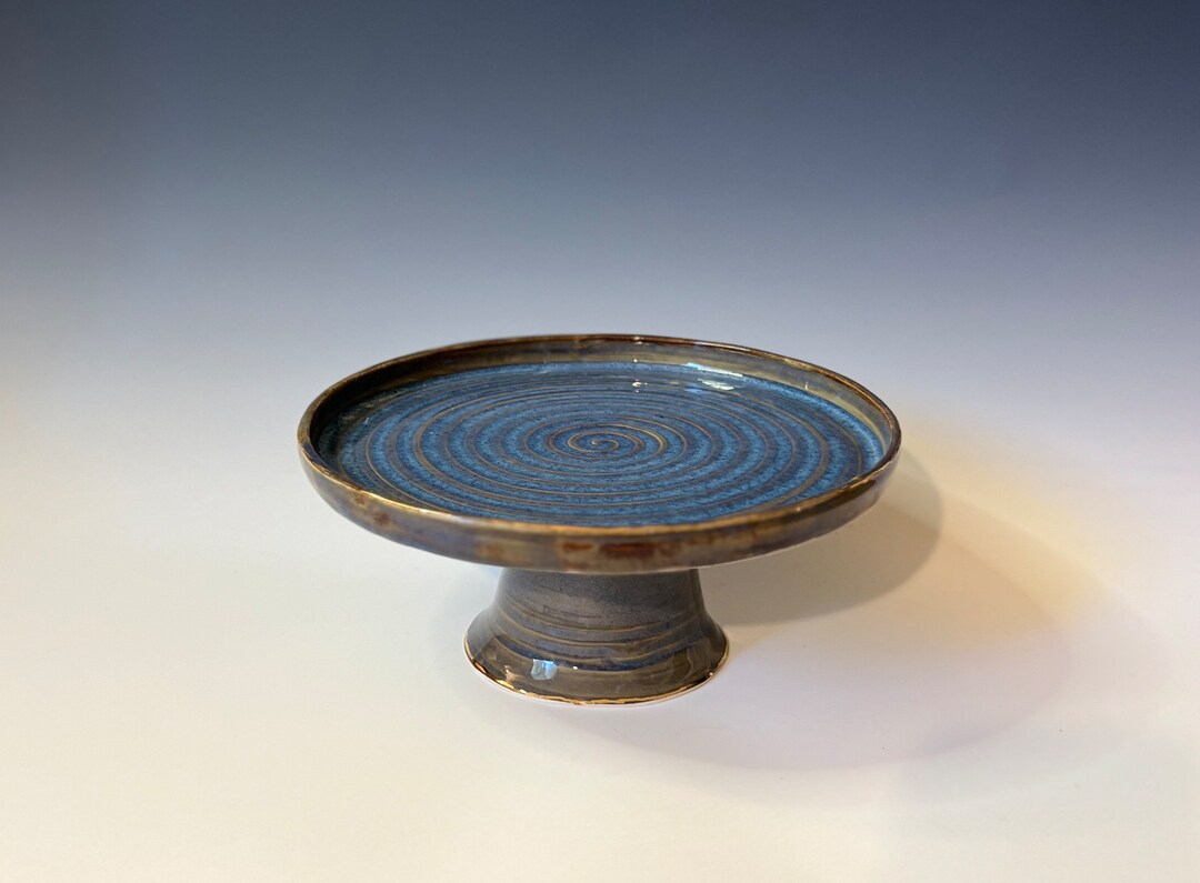 Handmade Ceramic Cake Dessert Plate With Stand Glazed in Floating Blue ...