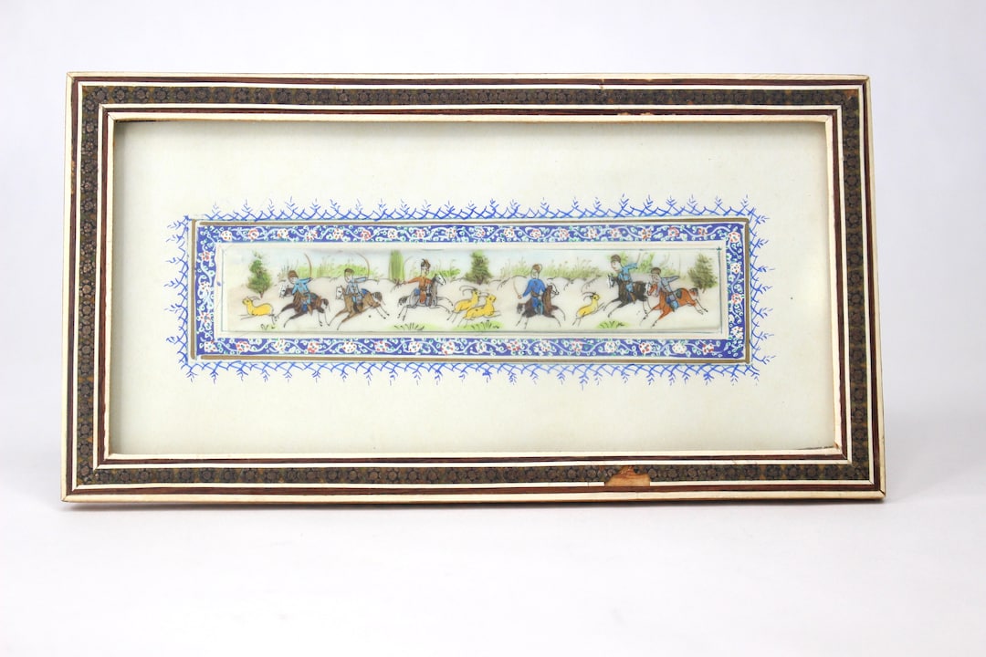 Antique H ALI SAJJADI Miniature Hunting Scene Painting Marquetry Inlay ...