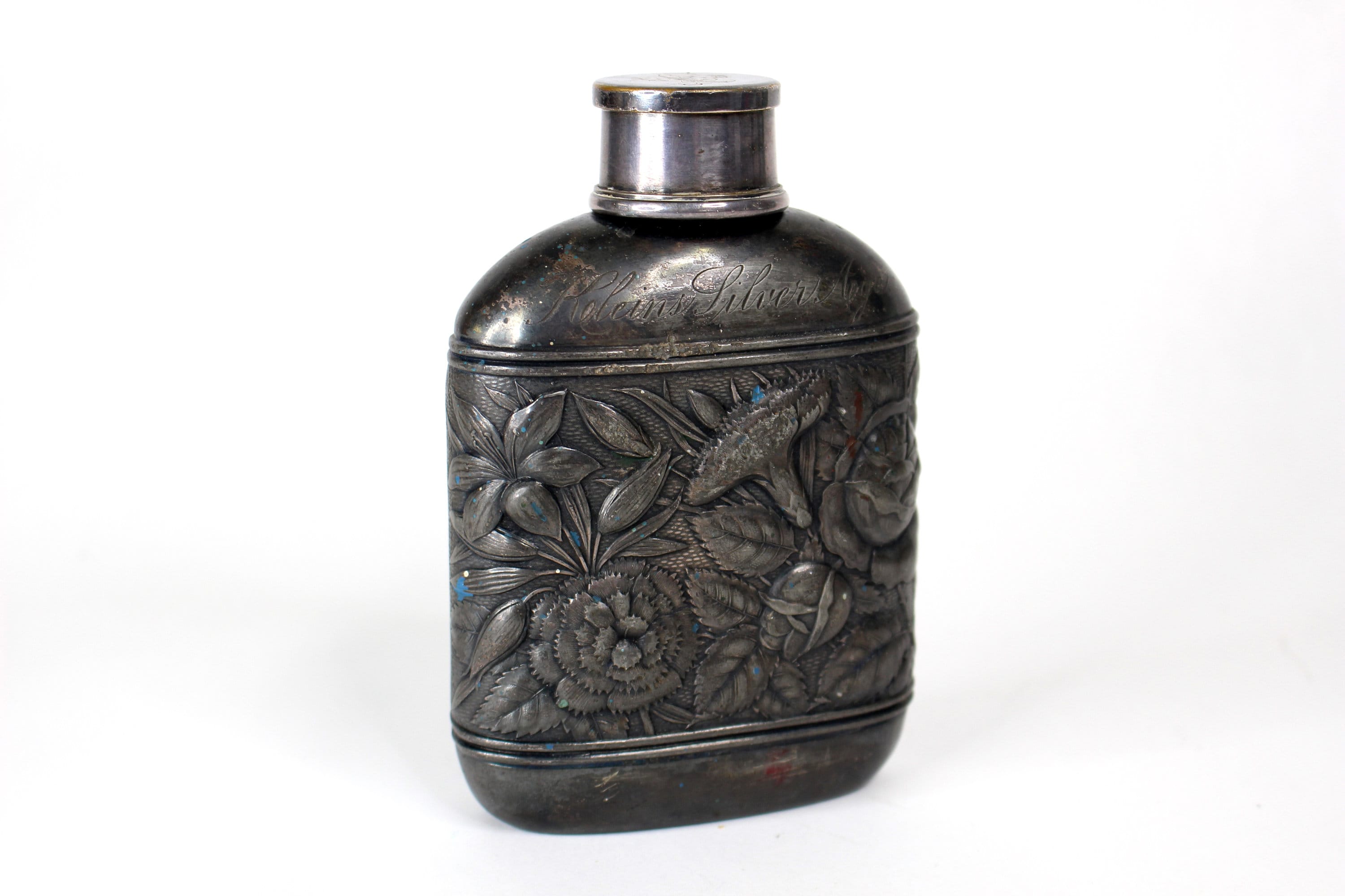 Antique Sterling Silver Flask 9oz Gorgeous Floral Embossing Relief ...