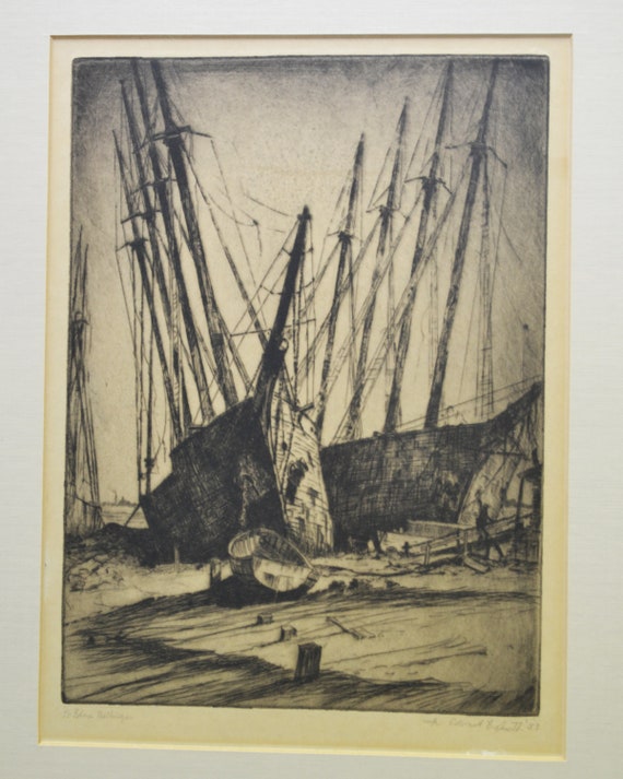 Signed Etching Edward C. Smith Sailboats Framed Dated 1933 | Etsy