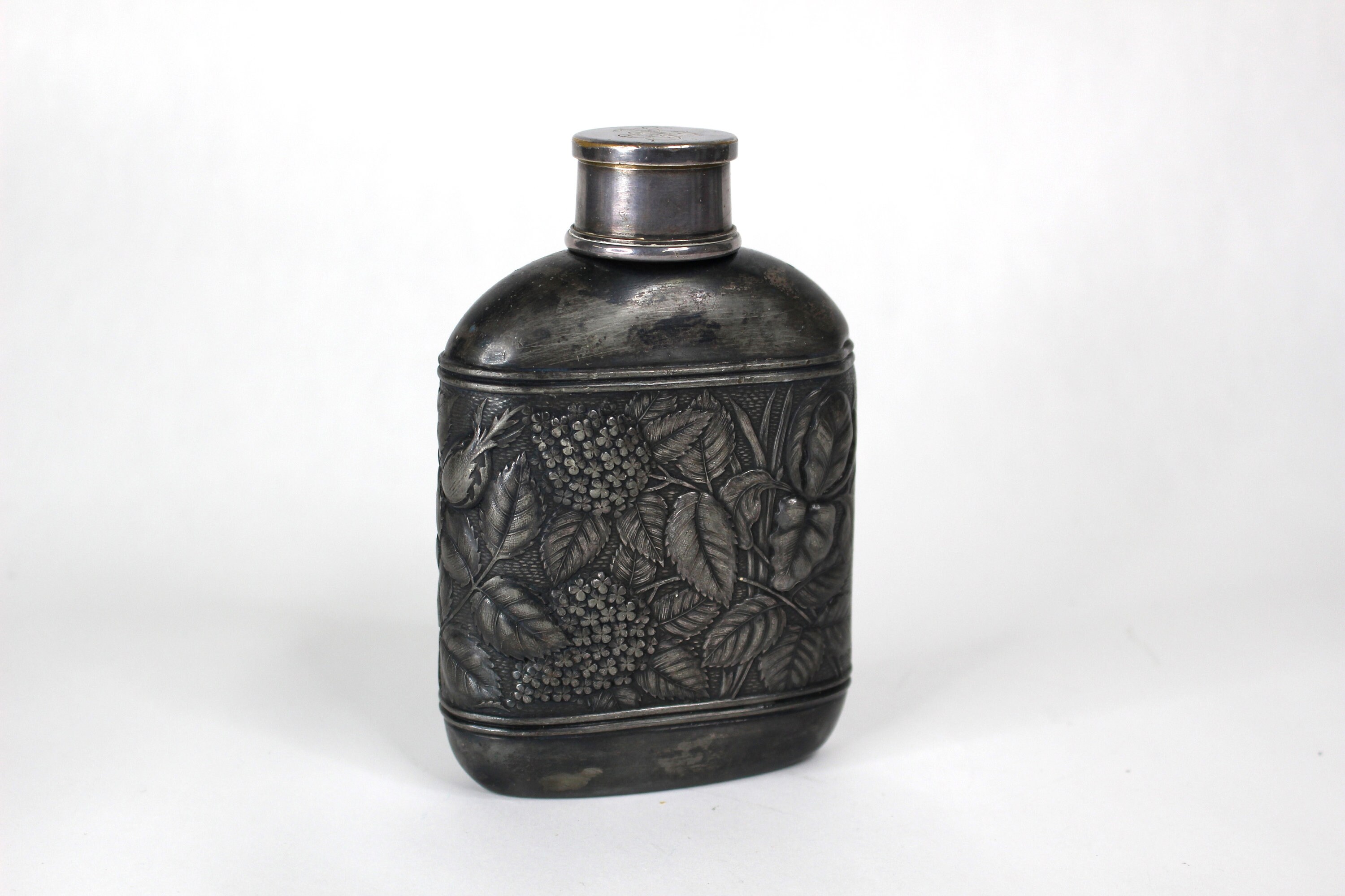 Antique Sterling Silver Flask 9oz Gorgeous Floral Embossing Relief ...