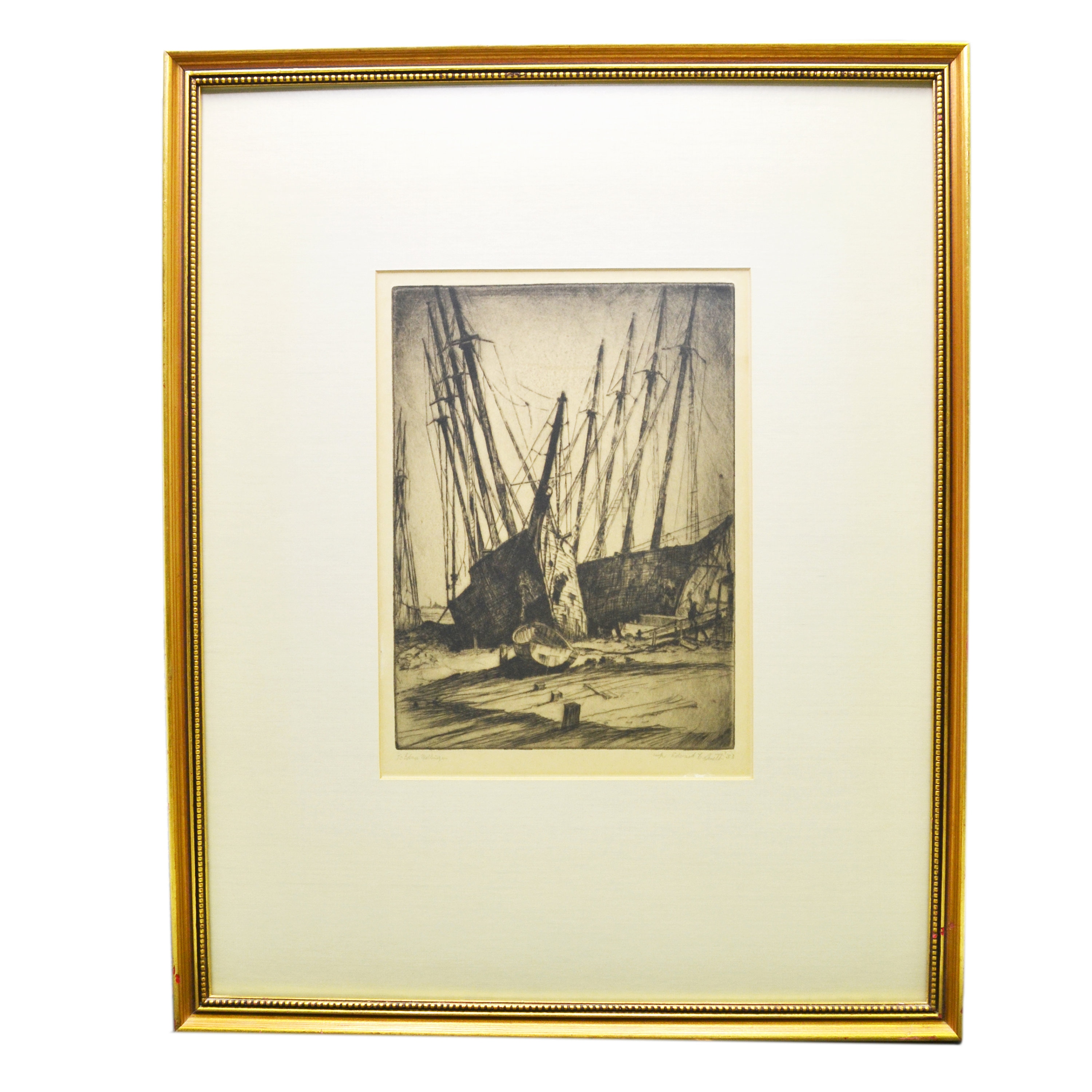 Signed Etching Edward C. Smith Sailboats Framed Dated 1933 Harbor ...