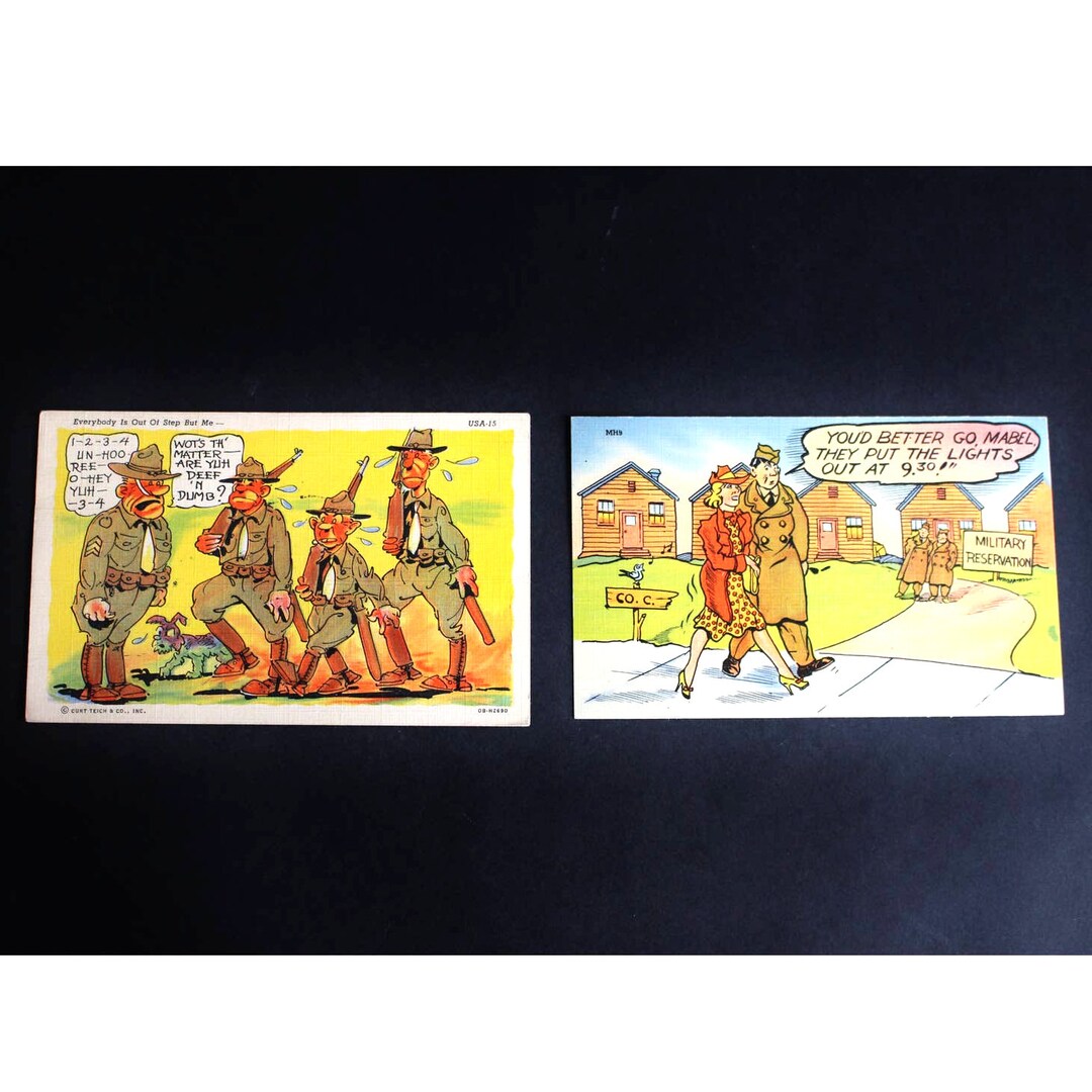 2x Vintage Postcard US Army Comic Posted 1941 Camp CROFT SC Curteich ...