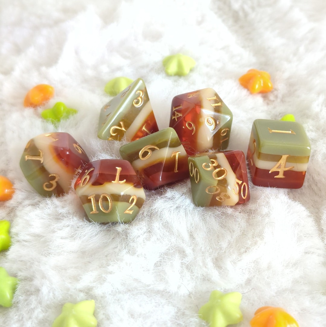 Autumn Arbor 7 Piece Gold Font Dnd Dice Set: Olive, Brown & Amber Resin ...