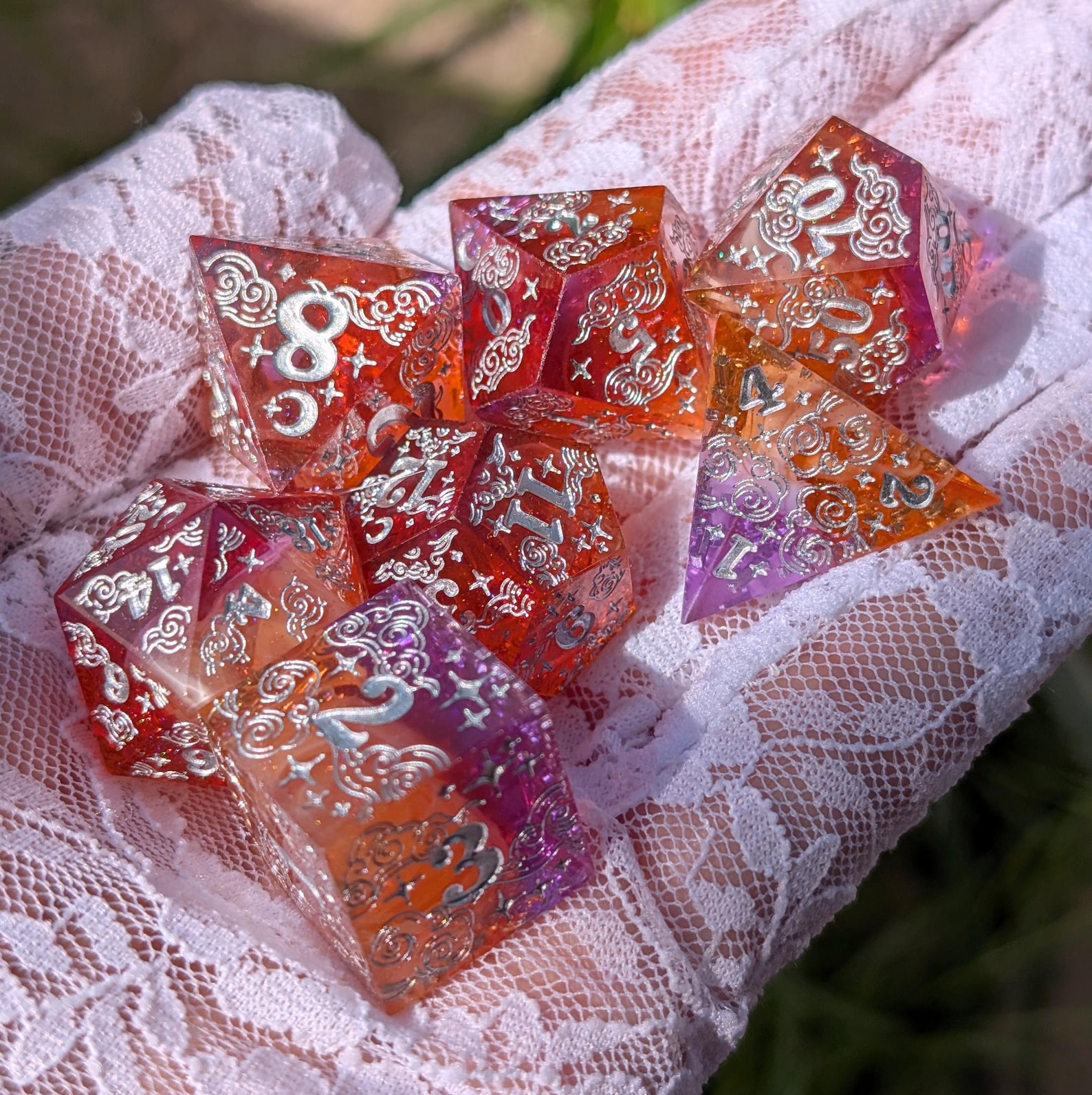Sharp Edge Resin Dnd Dice 8 Piece Set: Dreamy Sunset Bloom Glitter ...